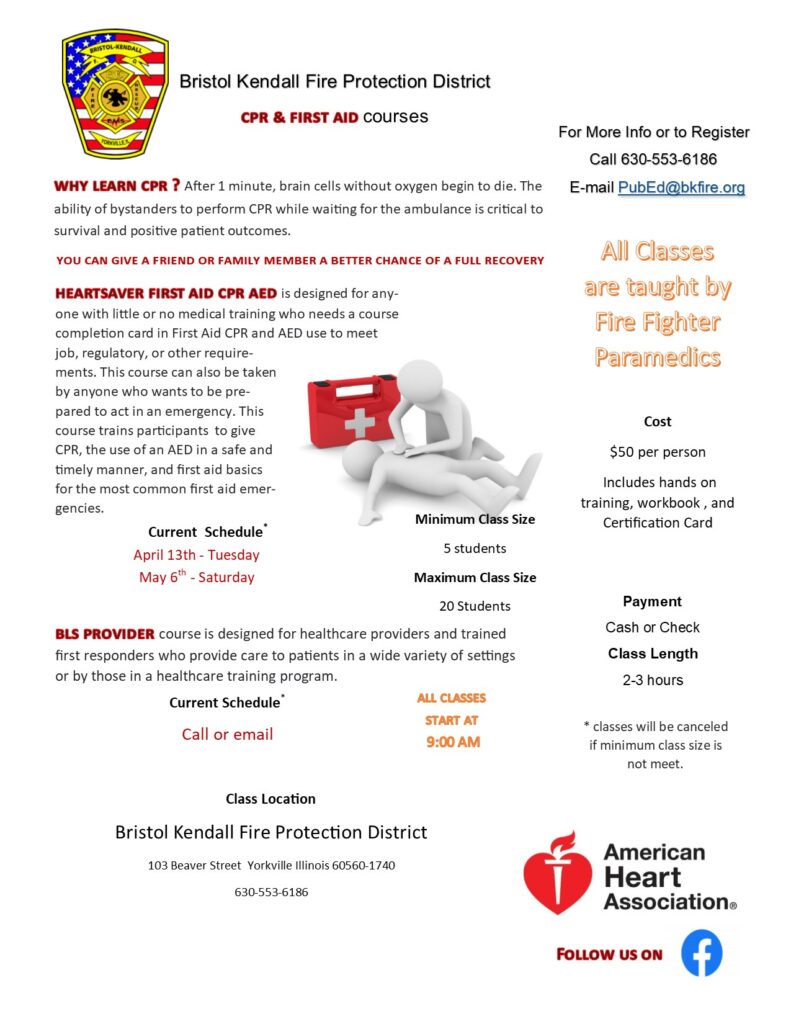 CPR Training Dates Announced - Bristol Kendall Fire Protection District
